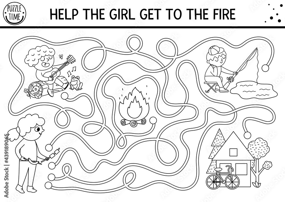 Black and white summer camp maze for children. Active holidays outline ...