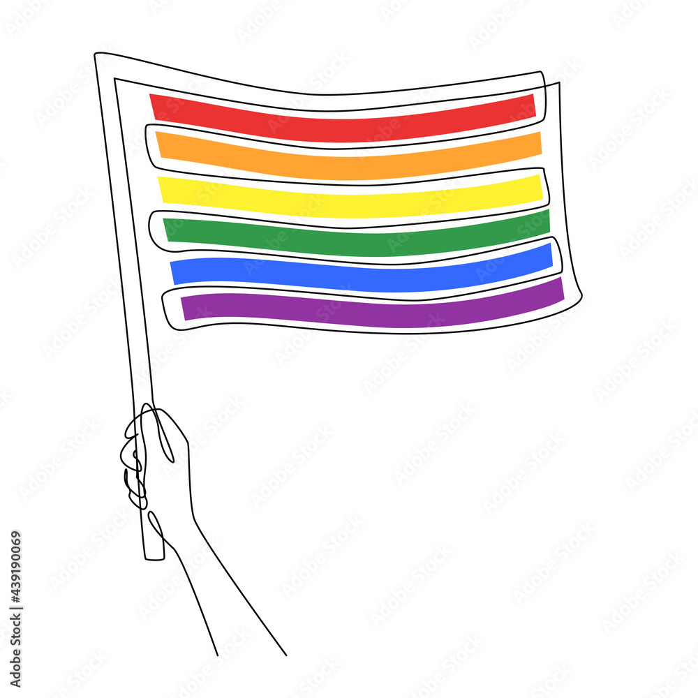 Hand holding LGBT rainbow flag in continuous one line drawing. Pride ...