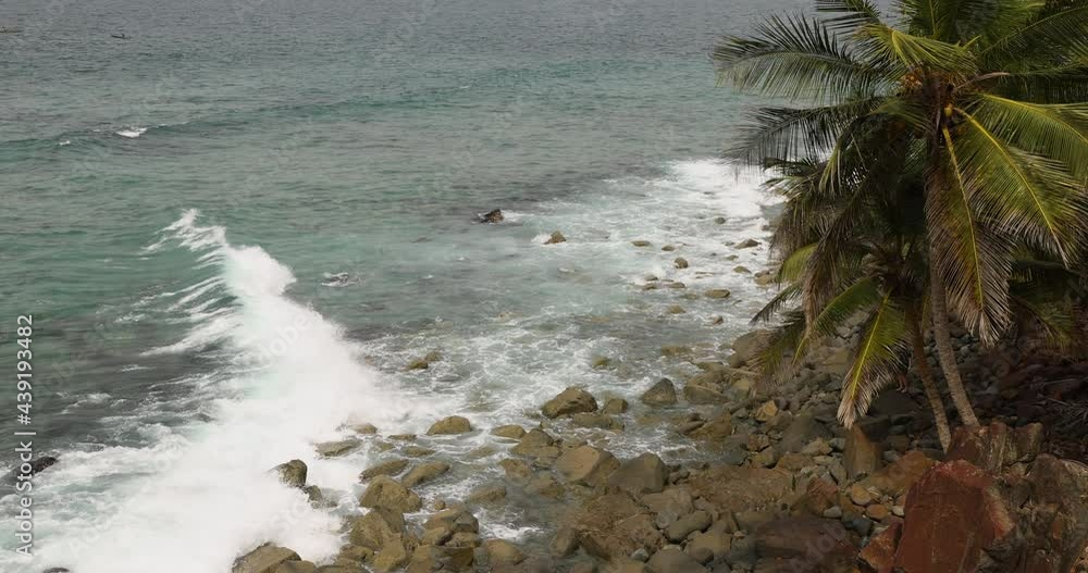 Cape Three Point Ghana tropical rocky coast surf palm trees ...