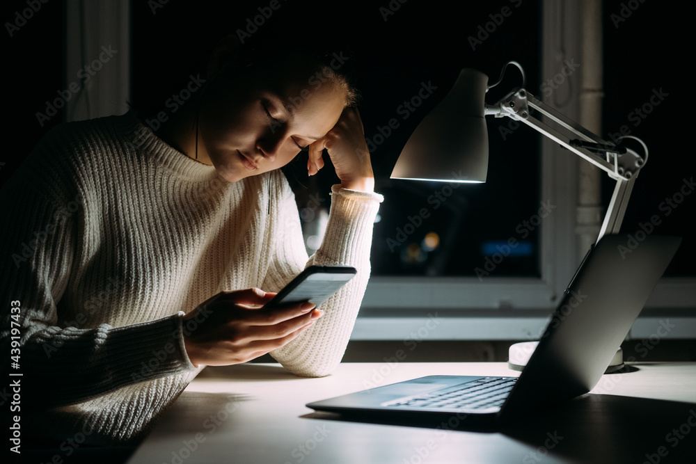 Mobile generation. Boring woman. Social network. Online communication ...