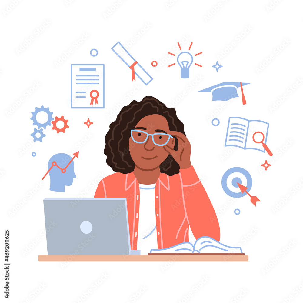 Skills development concept. Flat black woman works on laptop on ...