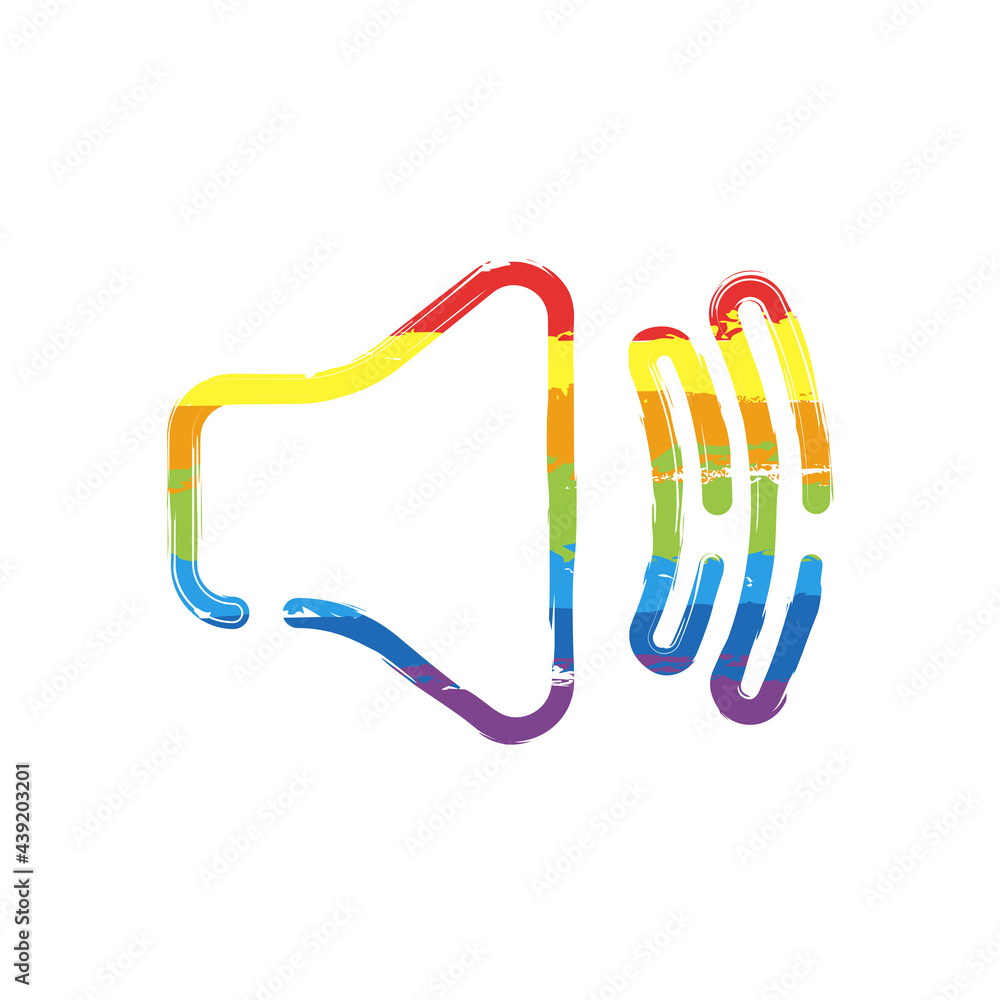 Simple volume icon, audio speaker, sound symbol. Drawing sign with LGBT ...