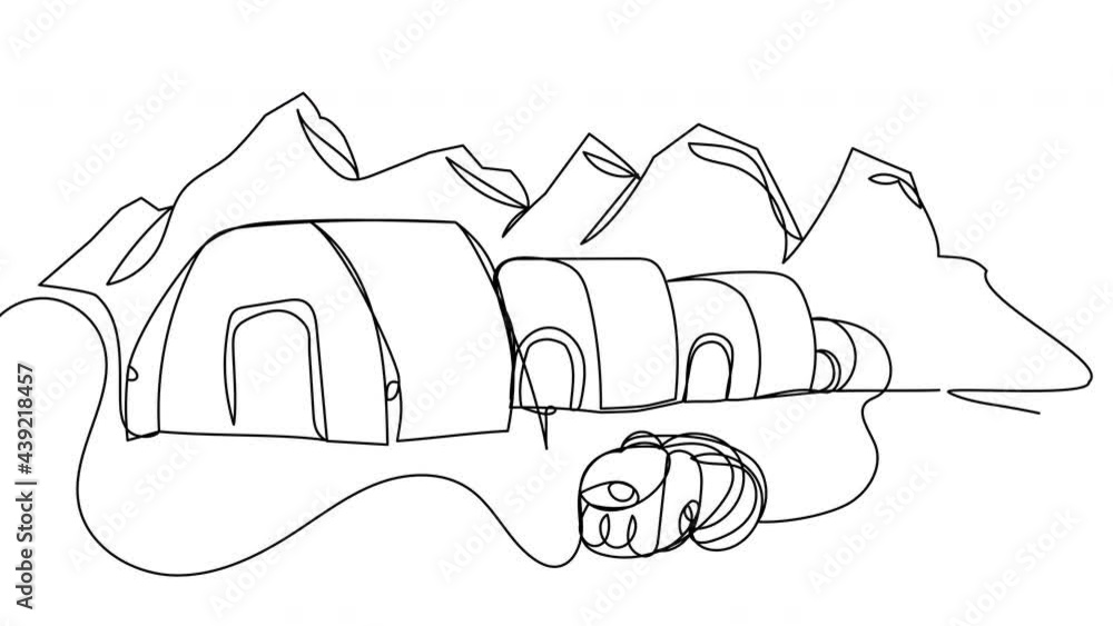 Self-drawing of camp mountains on a white background. Animation of ...