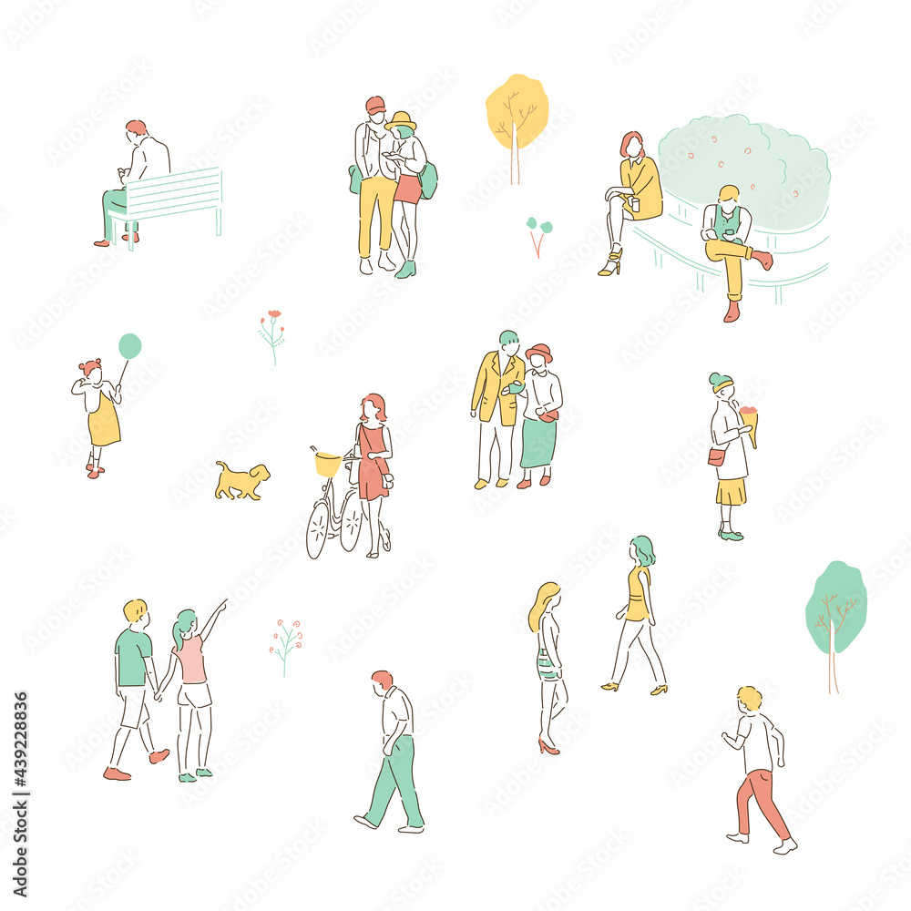 Small and simple people characters are walking on the street. hand ...