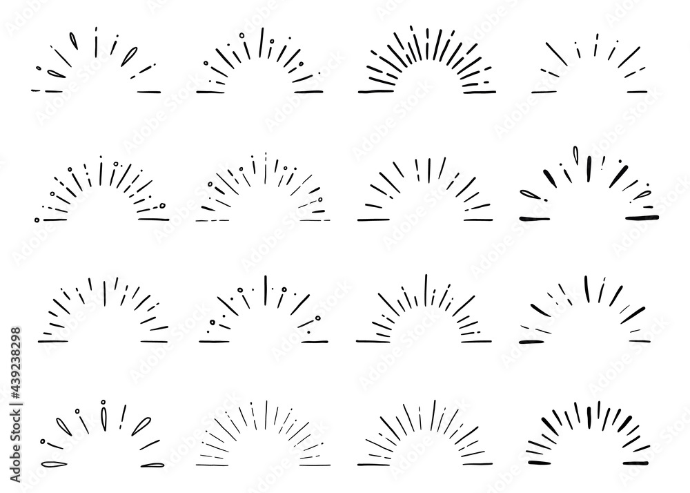 Half starburst, sun spark ray, sunshine set. Hand drawn doodle sketch ...