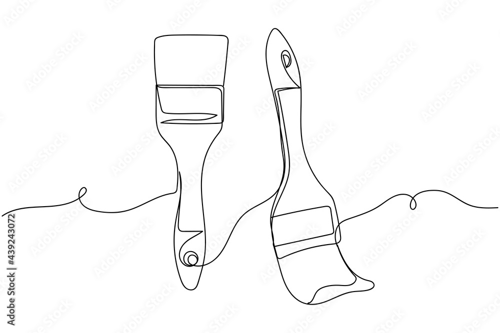 Continuous one line of paint brushes in silhouette on a white ...