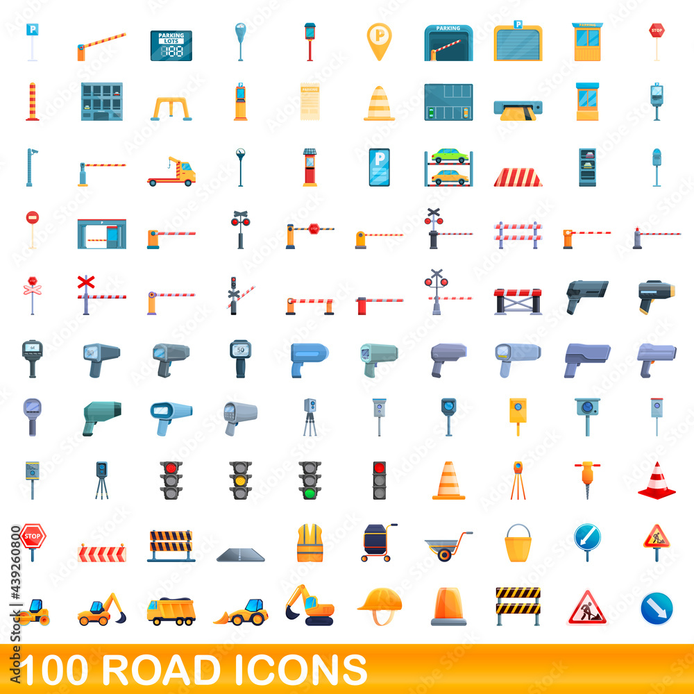 100 road icons set. Cartoon illustration of 100 road icons vector set ...