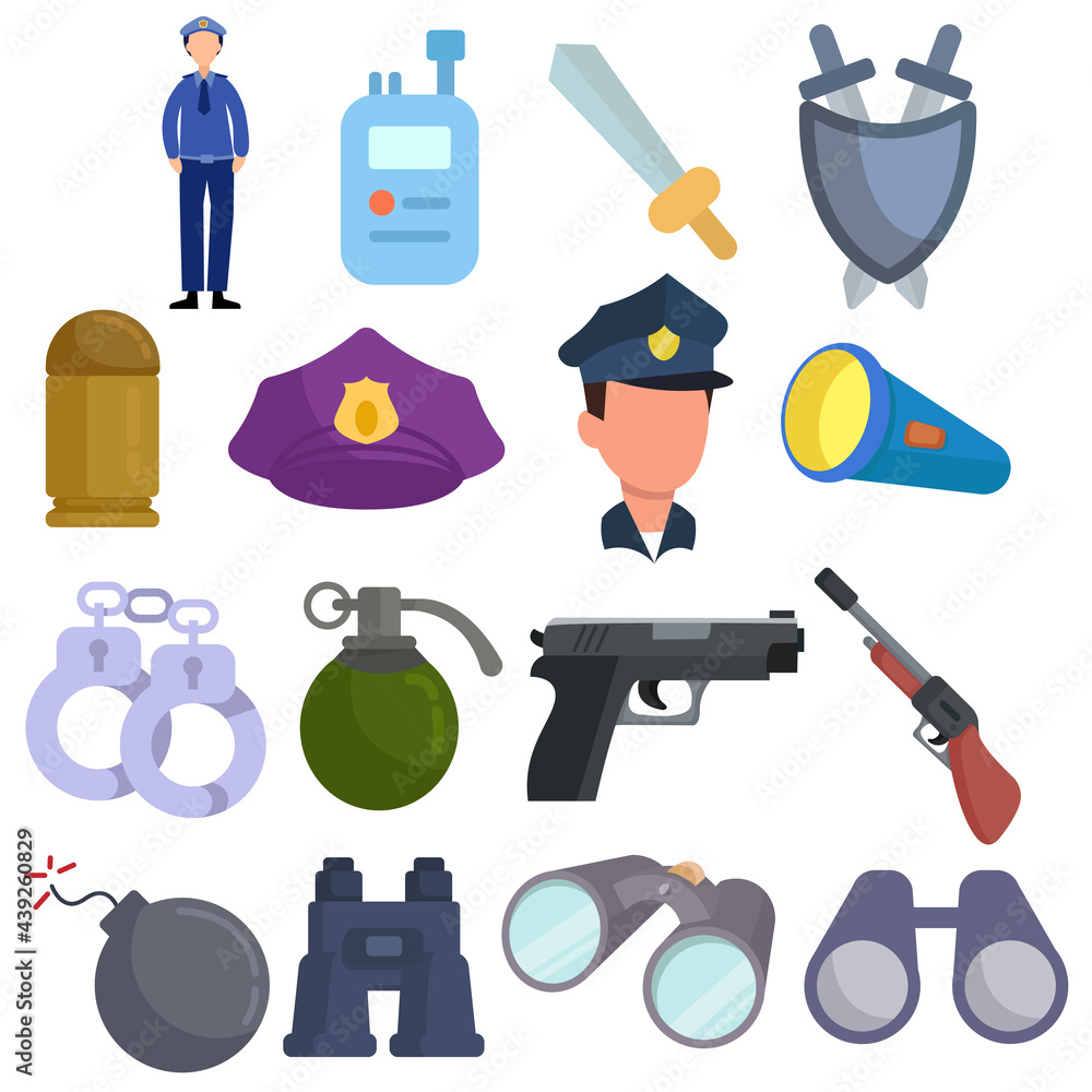weapon vector clip art set. Police water, pistol, gun. binoculars ...