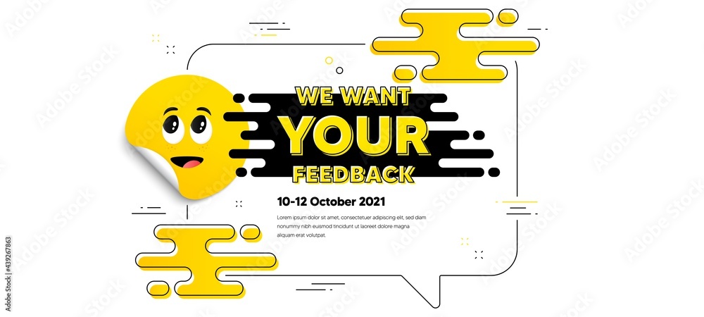 We want your feedback symbol. Cartoon face sticker with chat bubble ...
