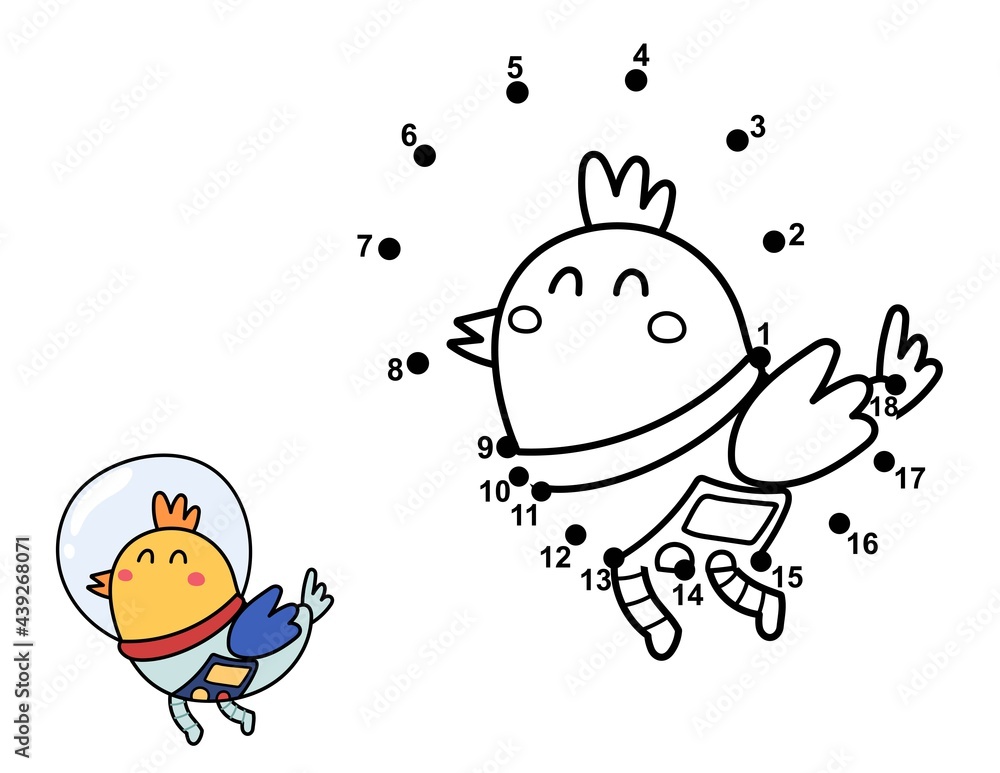 Connect the dots and draw a cute bird astronaut. Space dot to dot game. Educational page for ...