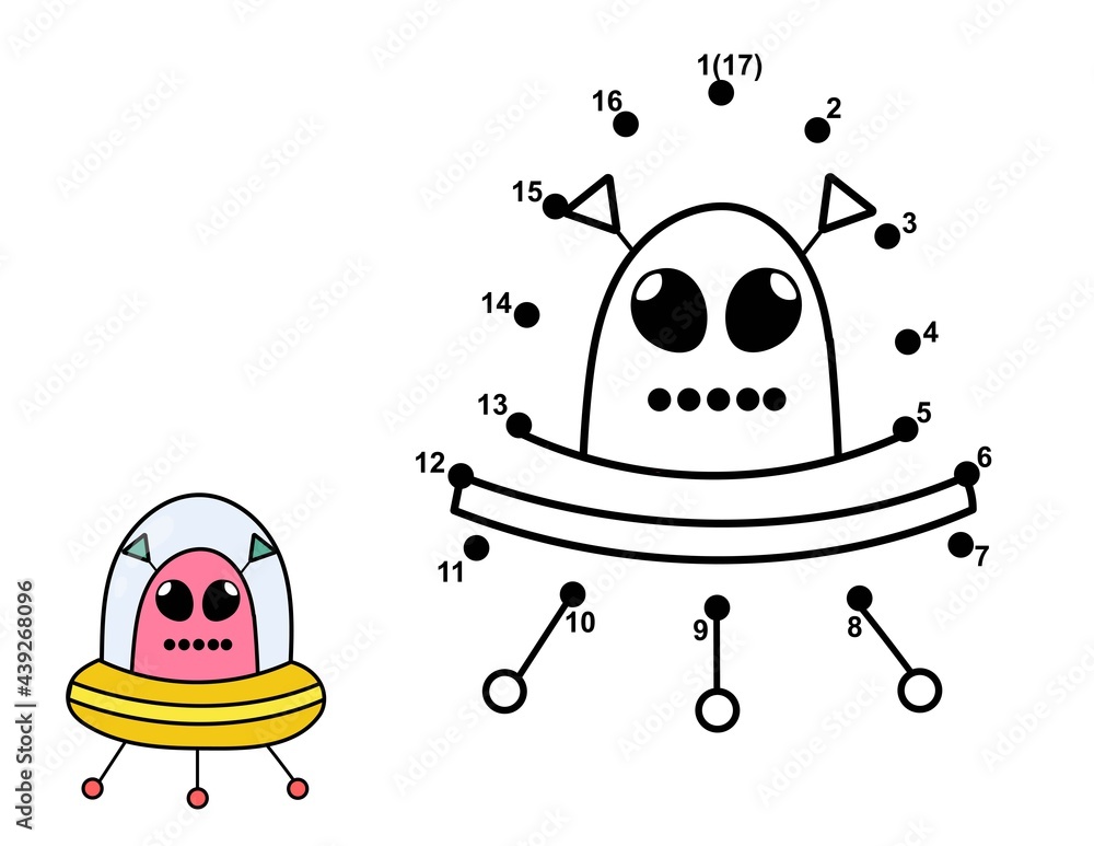 Connect the dots and draw a cute alien in flying saucer. Space dot to ...