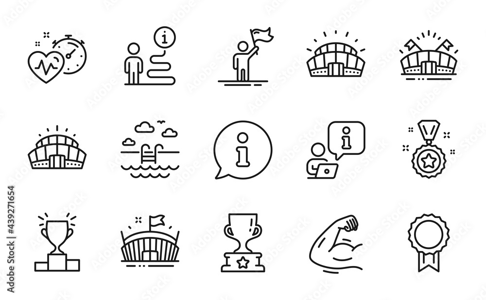 Sports icons set. Included icon as Strong arm, Arena, Sports stadium ...