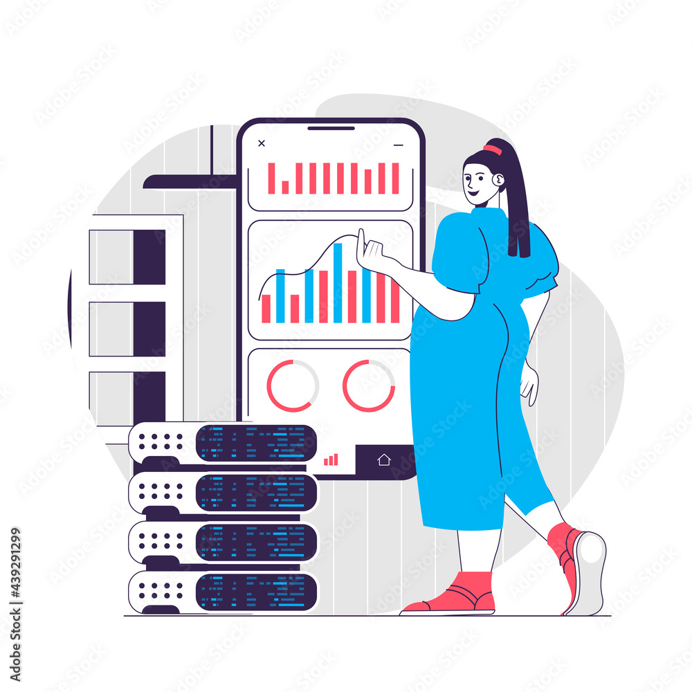 Data analysis web concept. Woman works in server room of datacenter ...