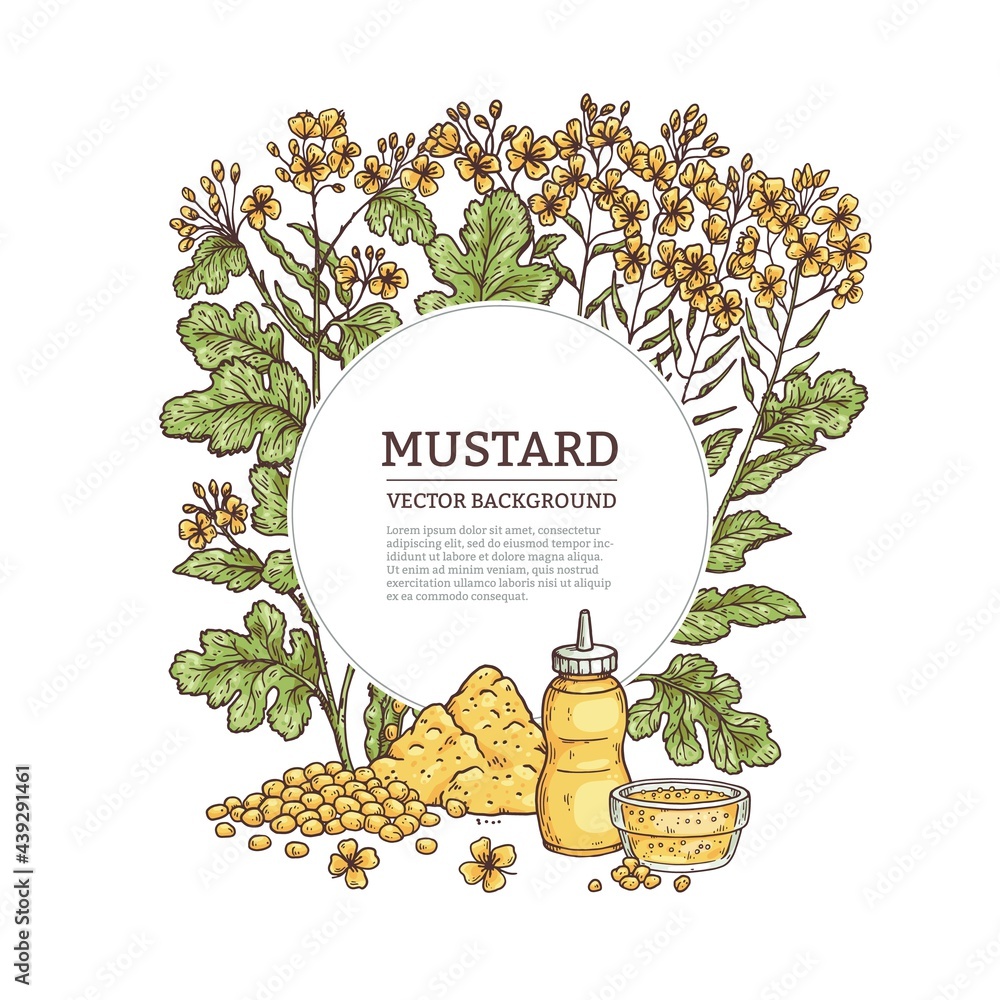 Background with mustard plant and sauce, engraving vector illustration ...