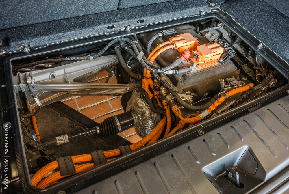 Electric motor of EV car with high voltage wiring system on EV car on ...