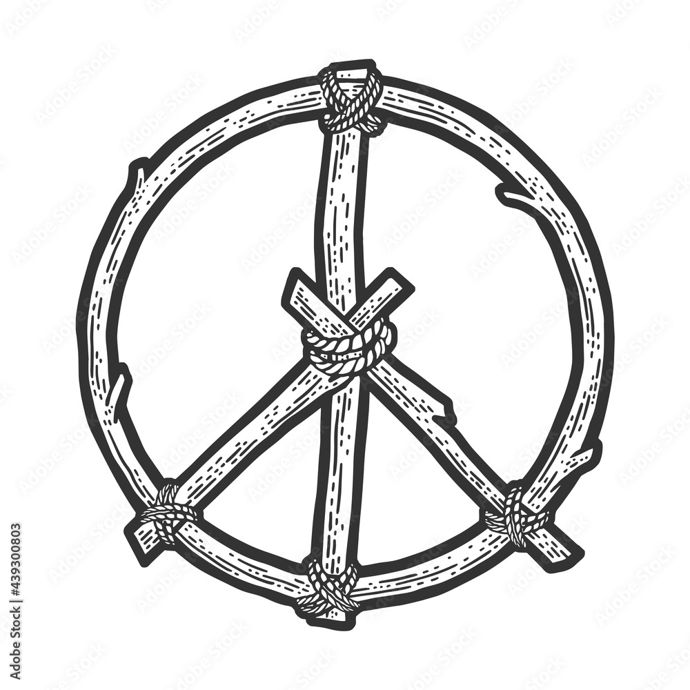 Peace symbol made with wood tree line art sketch engraving vector ...
