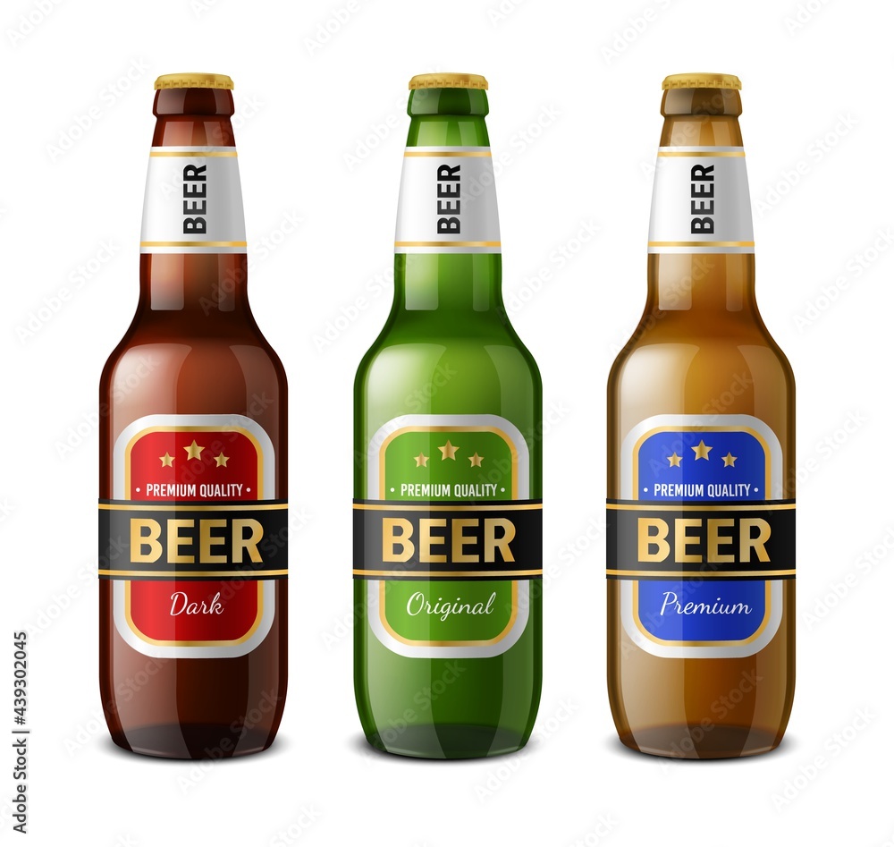 Realistic beer bottle. Glass 3D drinks containers. Refreshment brewery ...