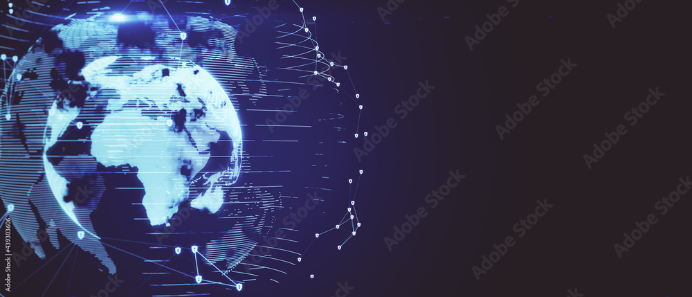 Digitalization concept with digital world map layout surrounded by ...