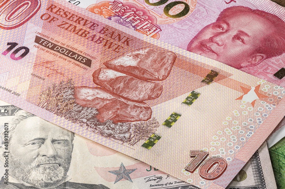 Close up to ten Dollars of the Republic of Zimbabwe. Paper banknotes of ...