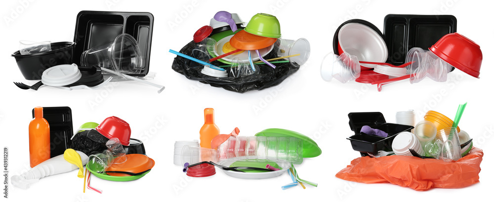 Set with different plastic items on white background. Banner design ...