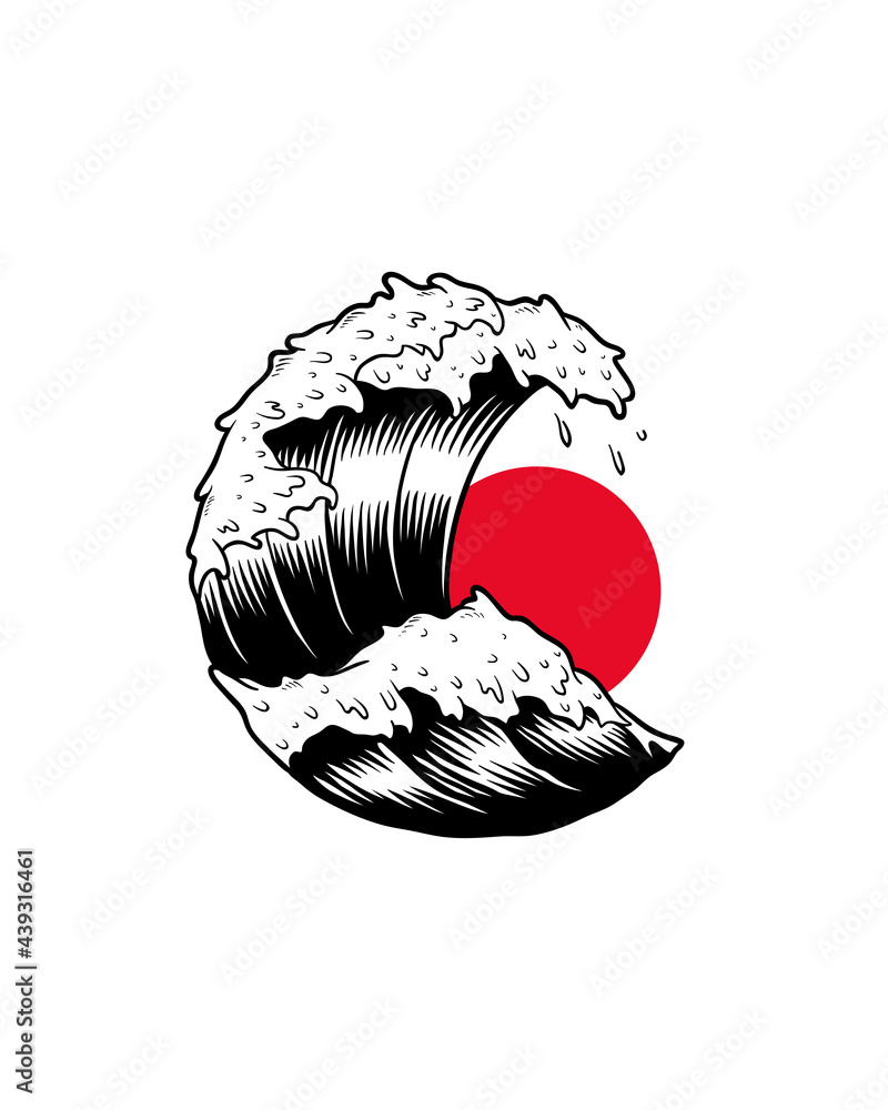 Japanese sun & wave wall art print and poster. Stock Illustration ...