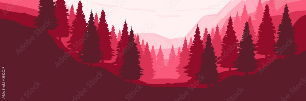 pink mountain forest flat design vector for web banner, adventure ...