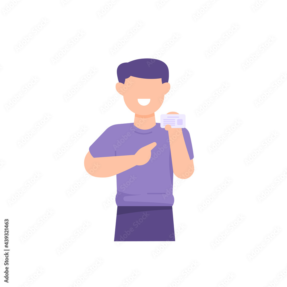 illustration of a man posing and showing an ID card. data verification ...