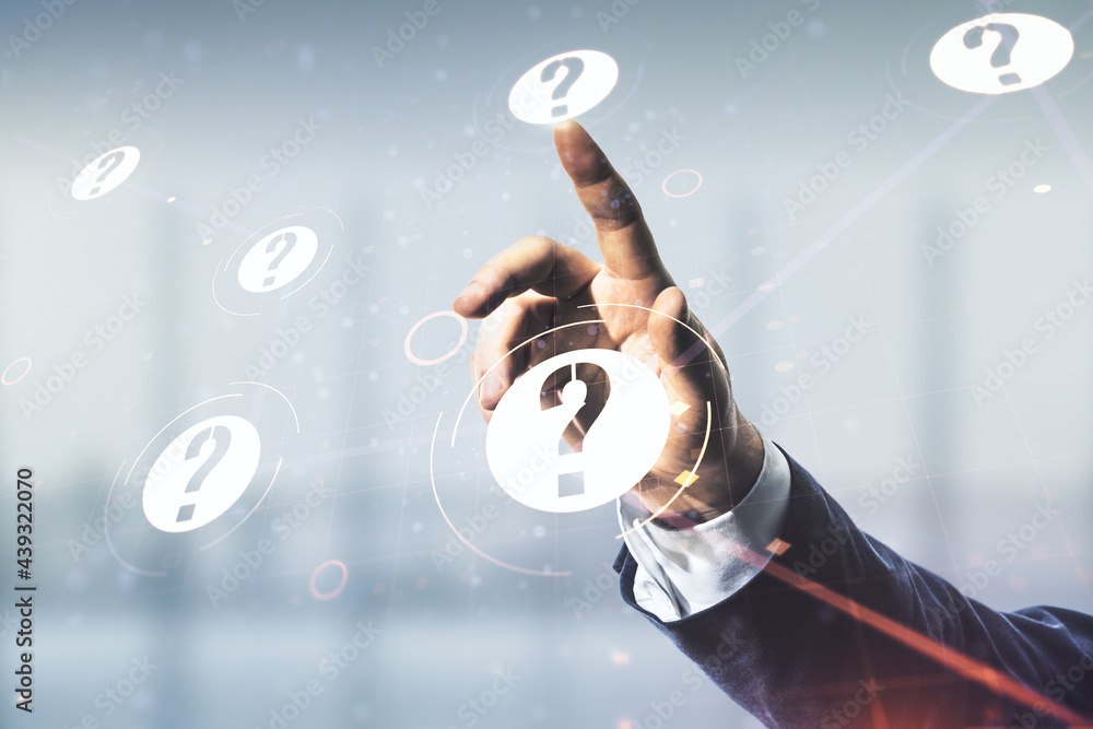 Male hand clicks on abstract virtual question mark sketch on blurred ...