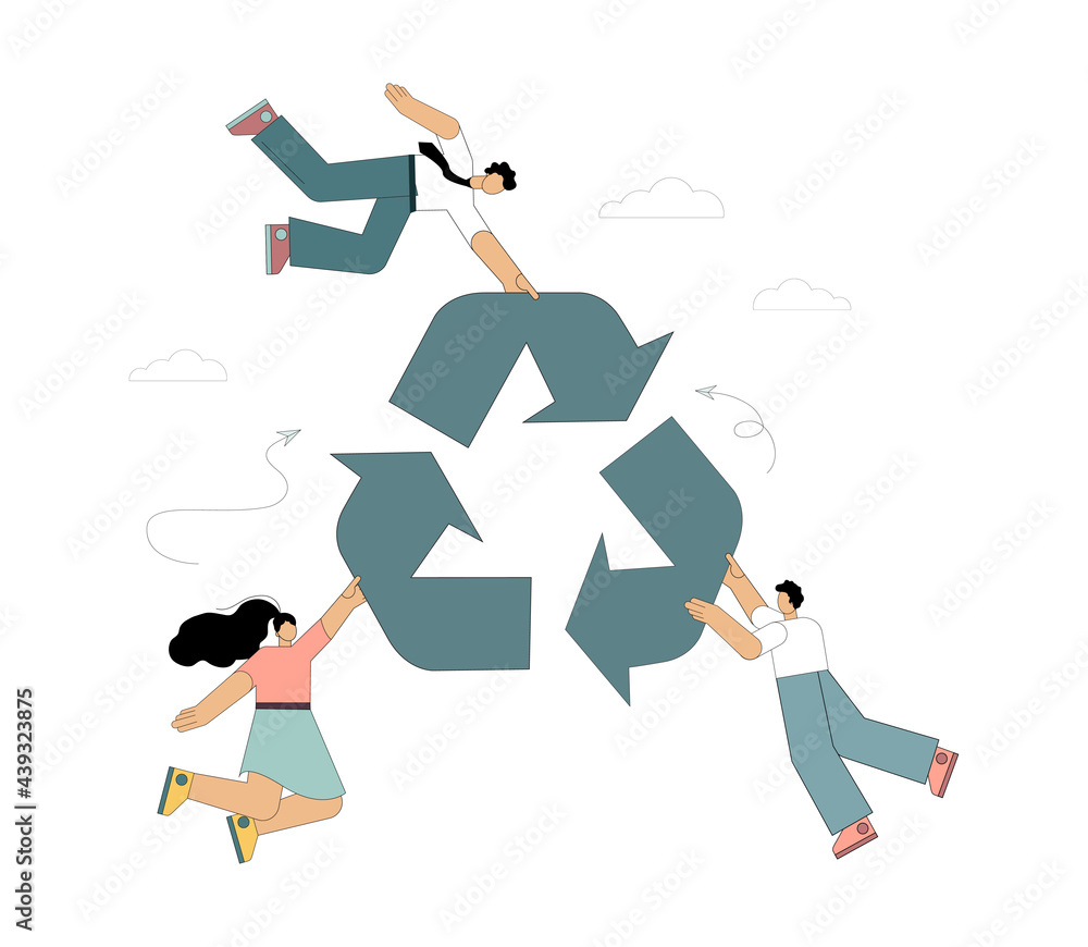 Vector illustration isolated on white background. People hold recycling ...