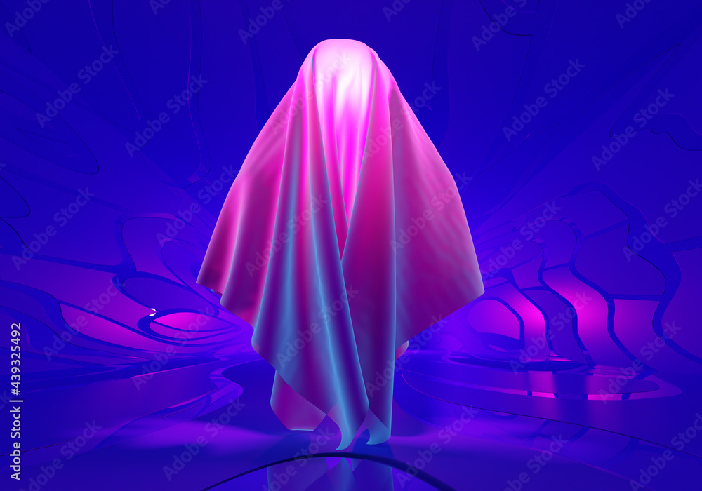 Ghost on an abstract neon background. Ghost from the white bedspread ...