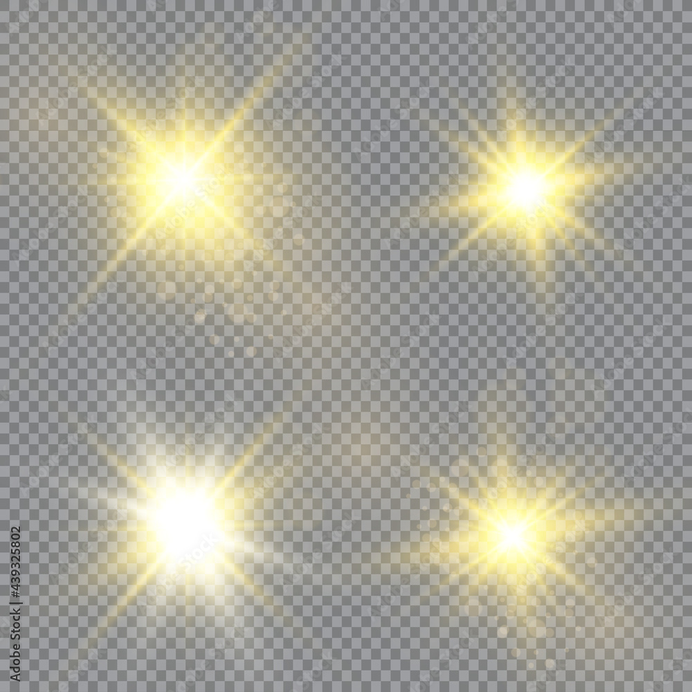 Vector illustration of abstract flare light rays. A set of stars, light ...