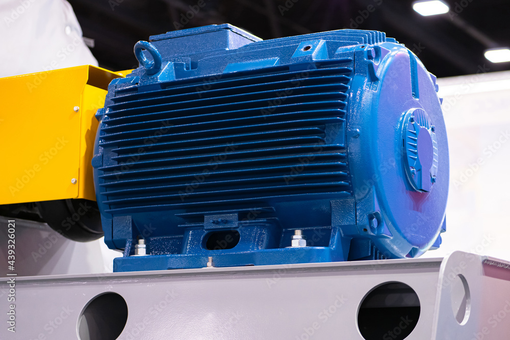 Blue high voltage electric motor. Blue electric engine close-up ...