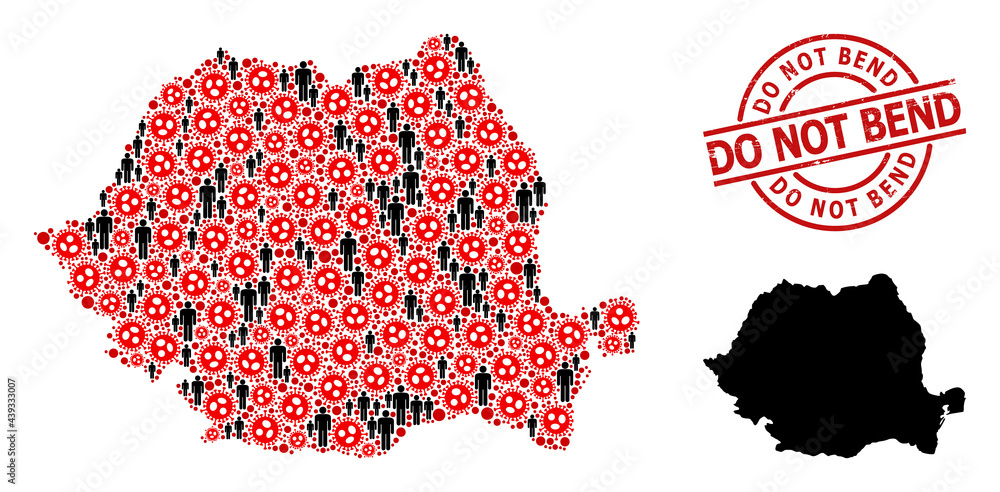 Collage map of Romania constructed from coronavirus elements and men ...