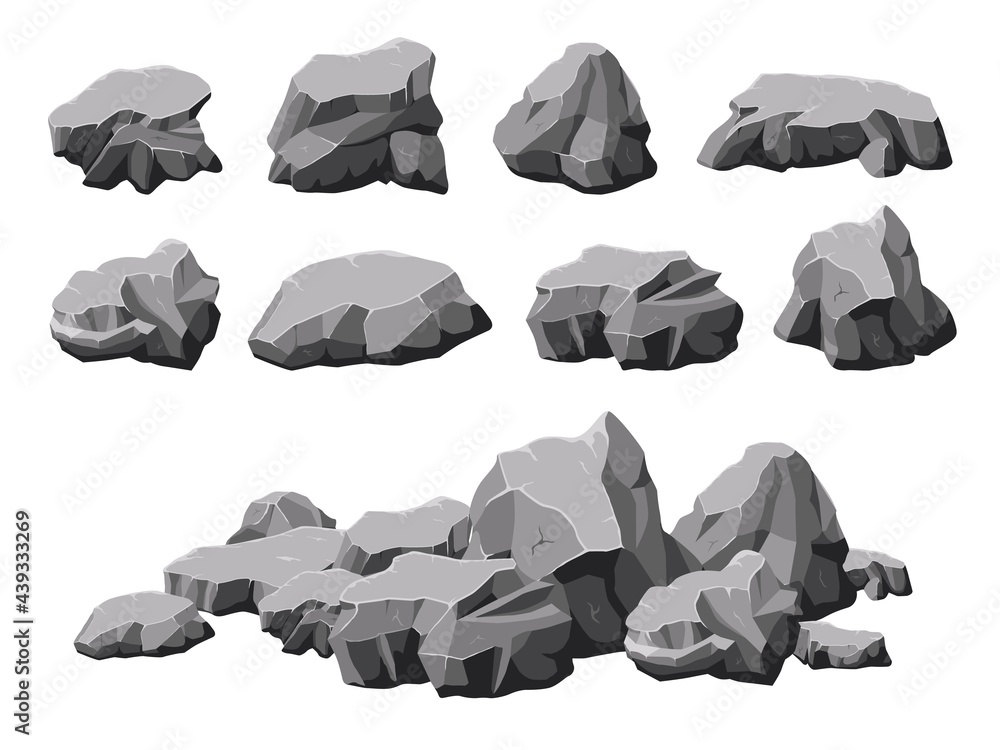 Cartoon stones. Broken rock, stone pile 3d design. Isolated rocks ...