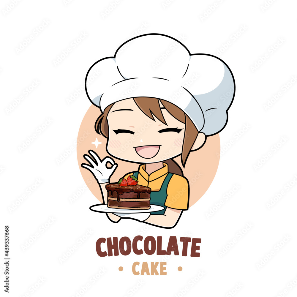 Cute bakery chef girl cartoon holding a chocolate cake mascot logo ...