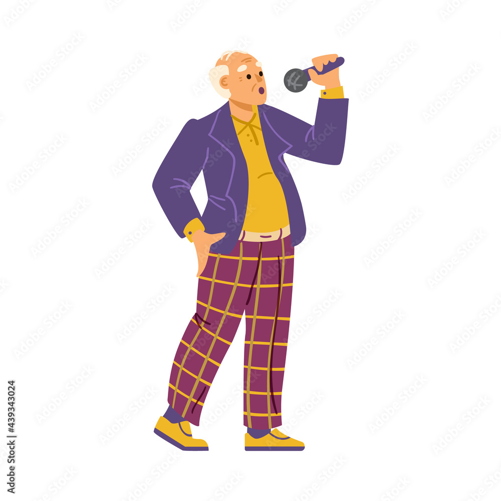 Elderly senior man singing with microphone, flat vector illustration ...