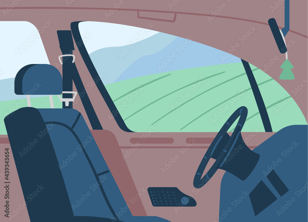 Empty car interior side view on driver seat, flat vector illustration ...