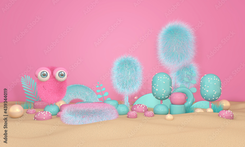 Cartoon monster with Wall Background. 3D illustration, 3D rendering ...