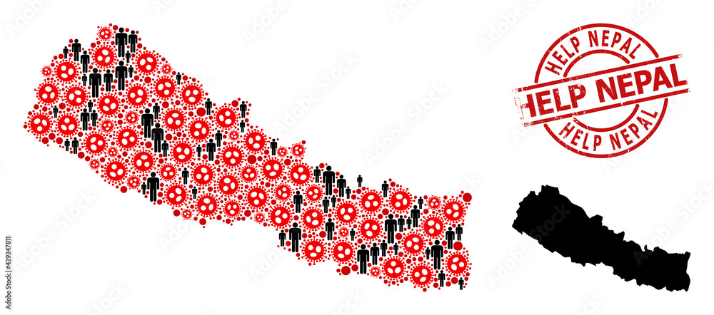 Mosaic map of Nepal designed from covid-2019 items and humans items ...