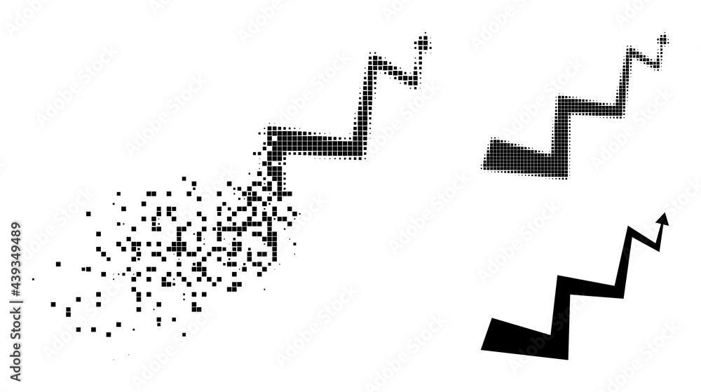 Dissolved pixelated curve arrow pictogram with wind effect, and ...