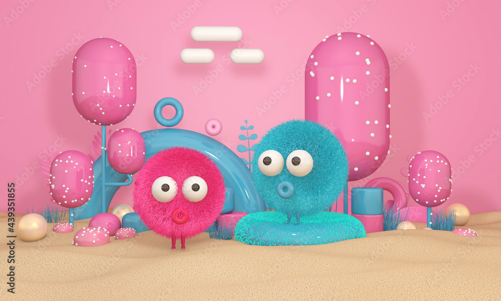 Cartoon monster with Wall Background. 3D illustration, 3D rendering ...