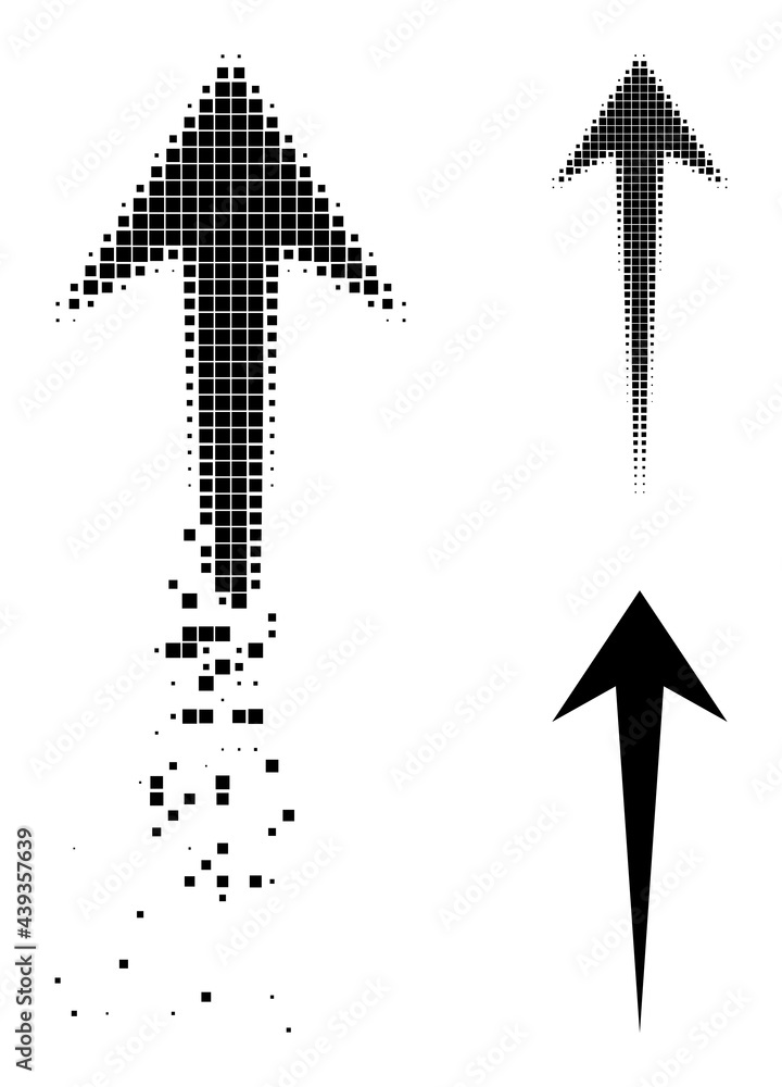 Fractured pixelated arrow up icon with destruction effect, and halftone ...