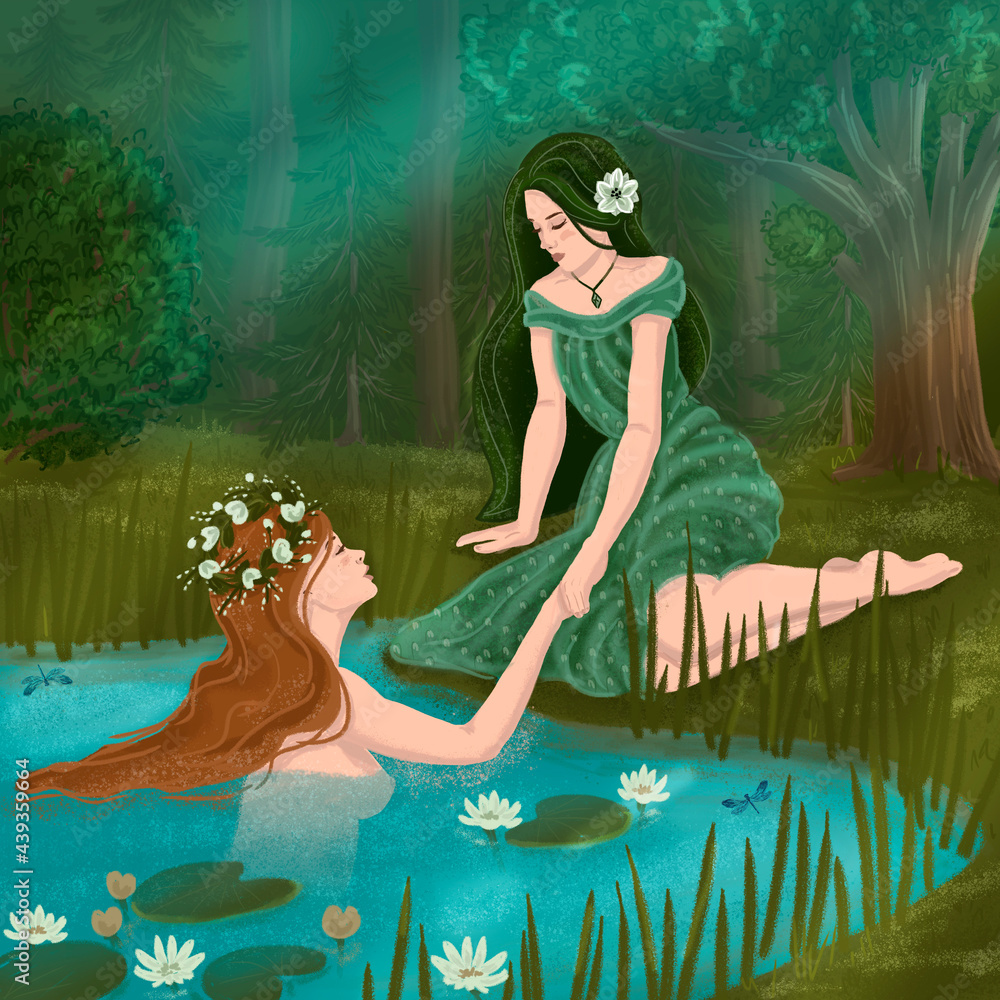 Water Nymph And Forest Nymph Sitting Near Water Forest Lake Book Illustration Two Girls