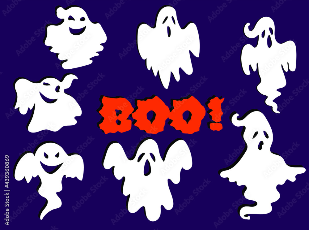 Cartoon illustration of a ghostes with boo text for halloween design ...