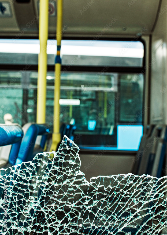 Broken glass window on abandoned bus Stock Photo | Adobe Stock