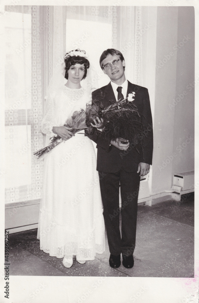 old scanned film photo of wedding couple after ceremony, 1984 Stock ...
