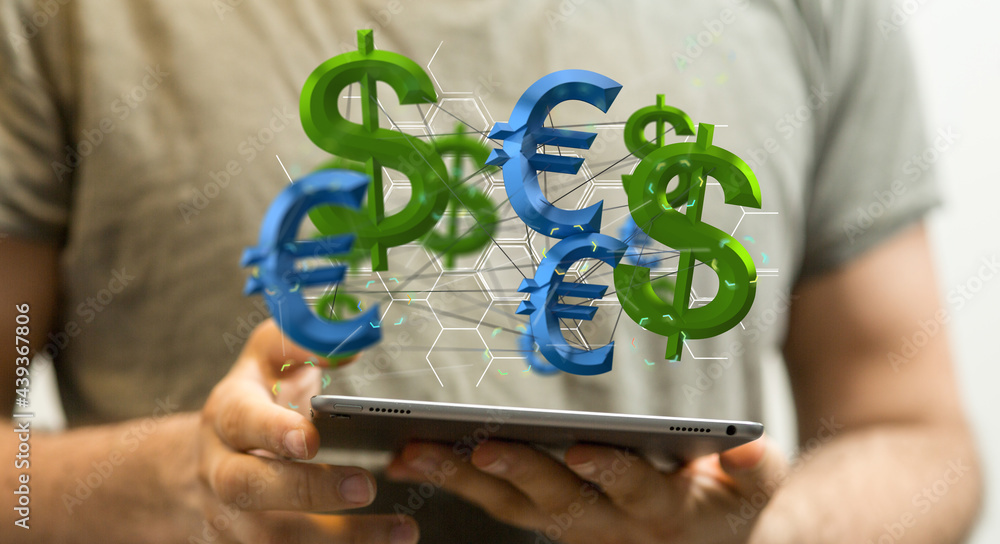 Main world currency theme dollar and euro background. Row and pile of ...