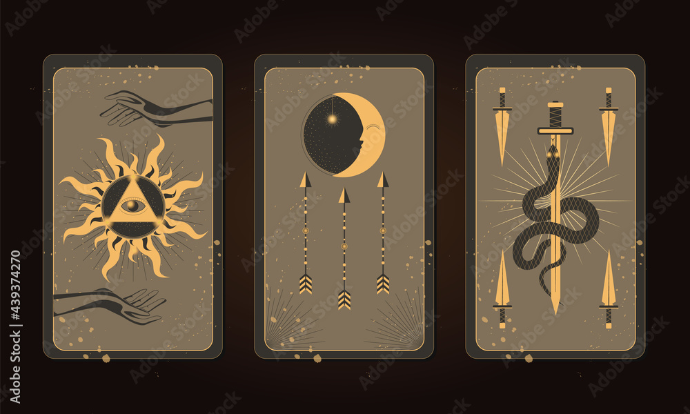 Set of mystical tarot cards. Elements of esoteric, occult, alchemical ...