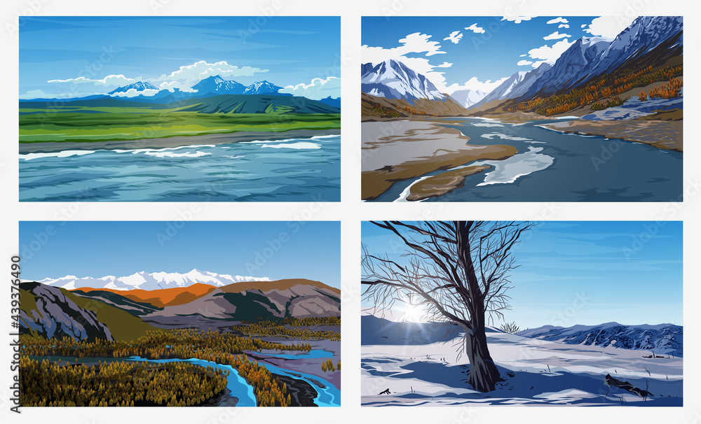 Beautiful summer and winter landscapes with an blue sky, rivers, trees ...