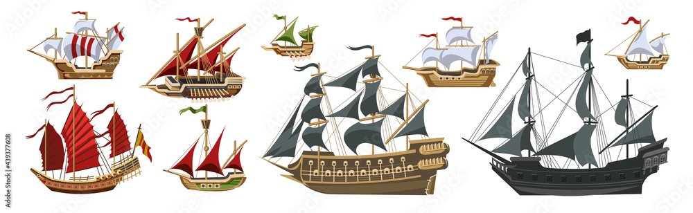 Pirate boats and Old different Wooden Ships with Fluttering Flags ...